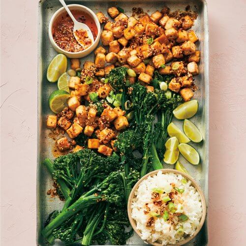 Sheet-Pan Firecracker Tofu With Broccolini and Chili Garlic Oil - Elle ...